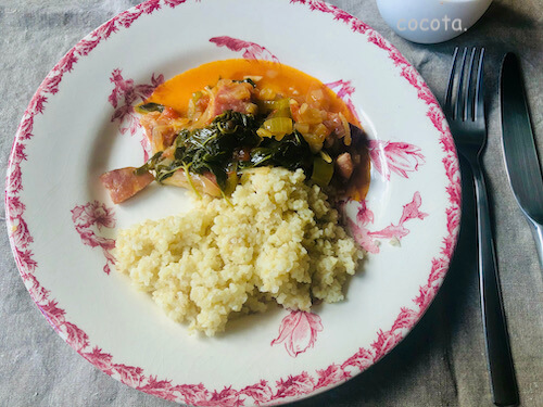 マダガスカル料理【ロマザヴ風】とブルグル添え / 洋梨のタルトタタン